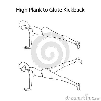 High Plank To Glute Kickback Exercise Outline Cartoon Vector ...