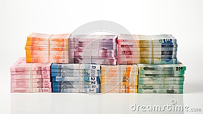 High Stacks Of Colorful Banknotes In Different Denominations On White ...