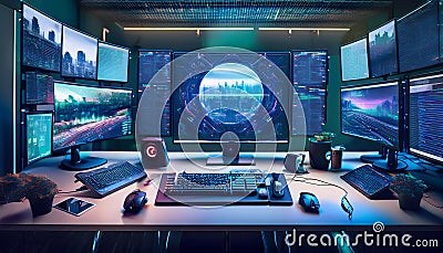 Multi-Monitor Workstation With Futuristic Interface And Coding Setup Royalty-Free Stock Photo ...