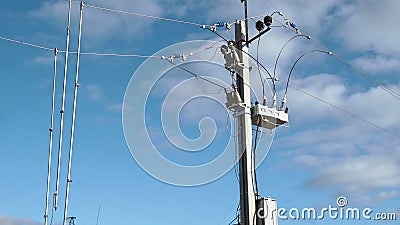 High Voltage Electric Current. Mast High Voltage Wires Against ...
