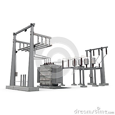 High Voltage Electric Power Substation On White. 3D Illustration ...