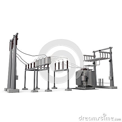 High Voltage Electric Power Substation On White. 3D Illustration ...
