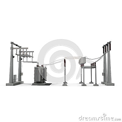 High Voltage Electric Power Substation On White. 3D Illustration ...