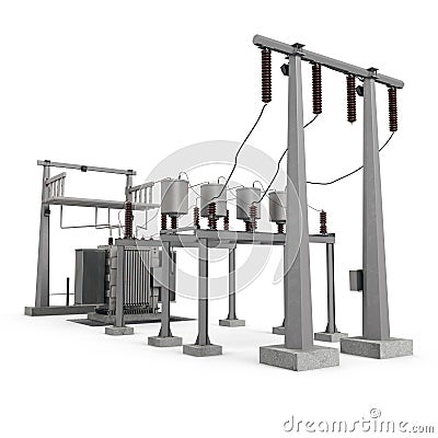 High Voltage Electric Power Substation On White. 3D Illustration ...