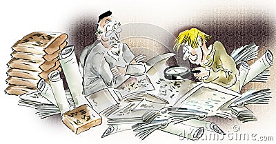 Historians Studying Ancient Manuscripts Stock Illustration ...