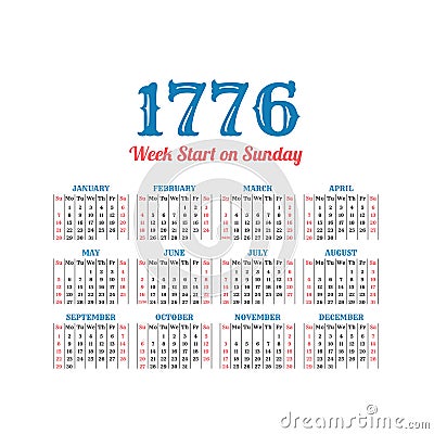 Historic Vector Calendar Of 1776. Start On Sunday Stock Photography ...