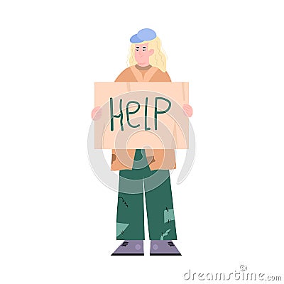 Homeless Poor Man Asking For Help, Flat Vector Illustration Isolated On ...