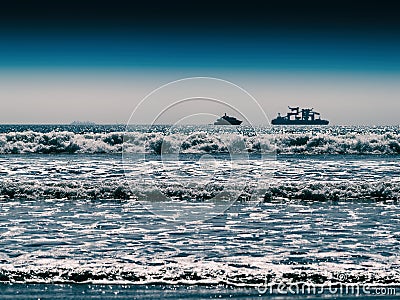 Horizontal Vivid Two Ships In Ocean Tidal Waves Horizon Backgrou ...