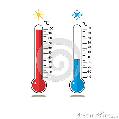 Hot And Cold Temperature On Celsius. Blue And Red Thermometer. Vector ...