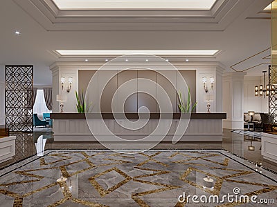 Hotel Foyer With Reception Desk And Columns In Classic Interior Design ...