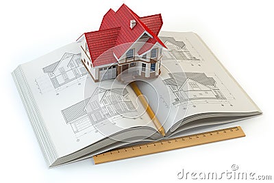 House Project. Book With Drafts Of House And 3d Model Of House. Royalty ...