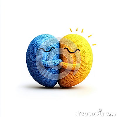 Hugging Knitted Blue And Yellow Characters On White Background Royalty ...