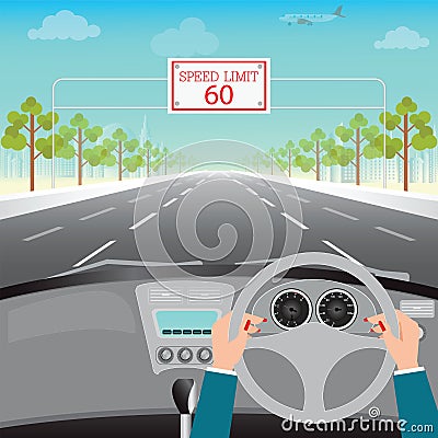 Human Hands Driving A Car On Asphalt Road With Speed Limit Cartoon ...