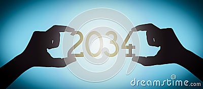 2034 - Human Hands Holding Black Silhouette Year Number, Gradient ...