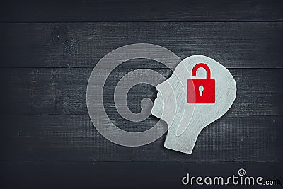 Human Head And Face With Red Lock On Wood Table Background. Brain Of ...