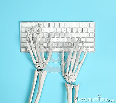Human Skeleton Using Computer Keyboard On Light Blue Background Stock ...