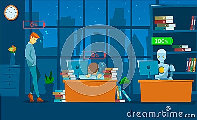 Human Vs Robots Concept. Workers With Low Batteries Icons Are Sleeping ...