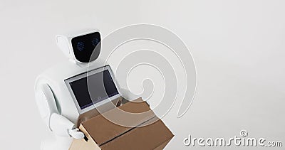 Humanoid Autonomous Robot with Cardboard Box in Hand. Cybernetic System ...