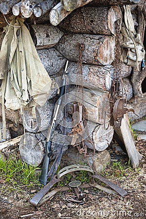 Hunting Gear At Log Cabin Stock Photography - Image: 12282382