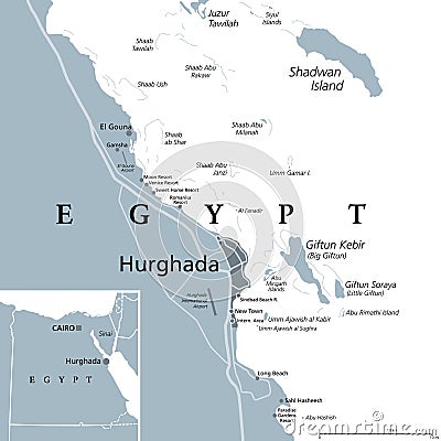 Hurghada, Tourist Centres On Red Sea Coast In Egypt, Gray Political Map ...