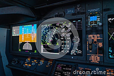 Flight Deck Of The Modern Boeing 737-8 MAX Airplane With Large Primary ...