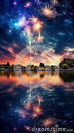 Hyper-Realistic Fireworks Display By The Serene Lakeside Stock ...