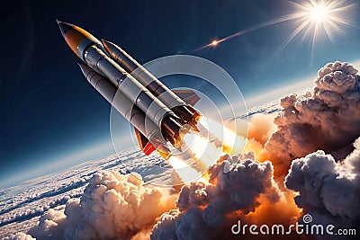 Hypersonic Missiles. A Combat Rocket Is Flying Above The Clouds ...