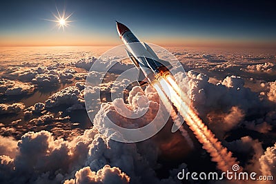 Hypersonic Missiles. A Combat Rocket Is Flying Above The Clouds ...
