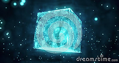 An Ice Cube Flying in Space on a Black Background, Glowing Particles ...