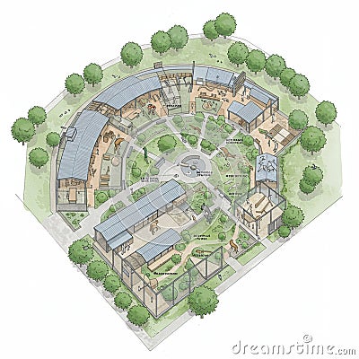 An Illustrated Design Of A Zoo Enclosure Layout, Featuring Multiple ...