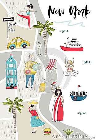 Illustrated Map Of New York With Cute And Fun Hand Drawn Characters ...