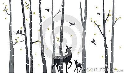 Birch Tree With Deer And Birds Silhouette Background Cartoon Vector ...