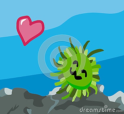 Illustration, Cartoon Marimo Moss Ball In Sea And Heart. Stock Photo ...