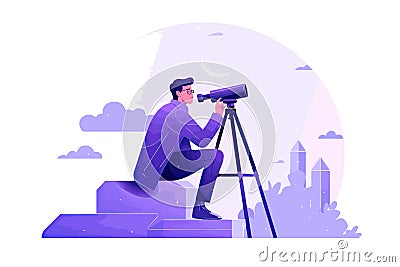 Illustration Depicting A Man Using A Giant Telescope To Peer Into The ...
