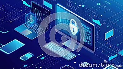Illustration Of A Desktop Computer On A Desk Shielded By A Padlock Icon ...