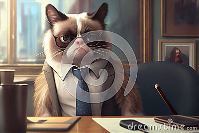 Illustration Of Grumpy Cat At The Office. Animal Wearing Business ...