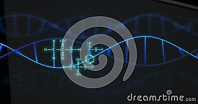Image Of Chemical Equations Over Dna Strands On Black Background ...