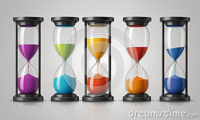 Five Hourglasses, Each With Different Colored Sand, Are Arranged In Row ...
