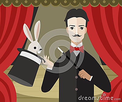Magician Magic Trick Bunny Rabbit With Top Hat On Theater Stage Cartoon ...