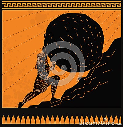 Sisyphus Greek Myth Rolling A Rock In A Mountain Cartoon Vector ...