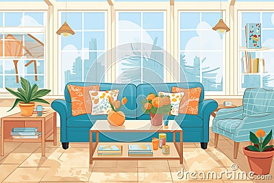 Indoor View Of Sunroom With Patterned Cushions, Magazine Style ...