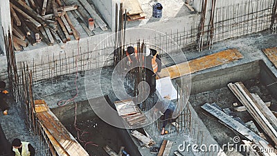 Industrial Building Workers Doing Job Raw Fundament Concrete Cement ...