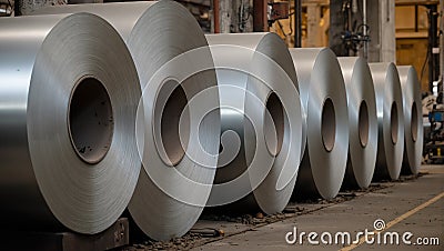 Industrial Steel Rolls In Factory Setting With Dust Particles In The ...