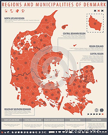 Infographic Map Of Denmark With Administrative Division Into Regions ...