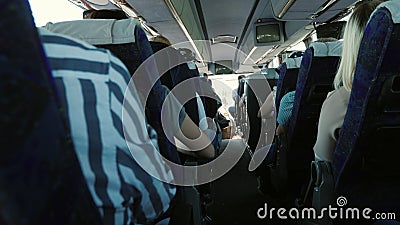 Inside the Passenger Bus. Rows of Seats with Passengers, Rear View ...