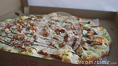 Inside of a Pizza Box. Classic Pizza in a Cardboard Box. Wide Angle ...