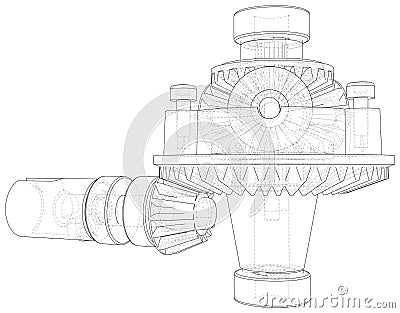 Inside View On Gearbox Cross Section With Gears And Shafts. Wire-frame ...