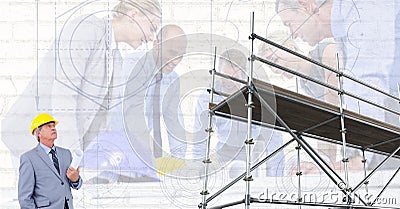 Inspector Looking The 3D Scaffolding With Group Of Architects ...