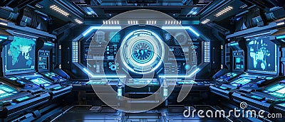 Interior Of Futuristic Command Center, Control Room Of Spy Base Or ...