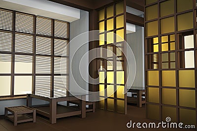 Interior Of The Restaurant In Japanese Style. Rice Paper In Windows ...
